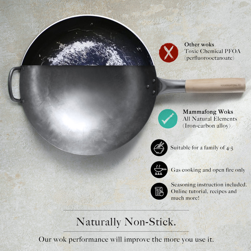 Authentic Carbon Steel Hand Hammered Pow Wok, 14" Traditional Round Bo ...