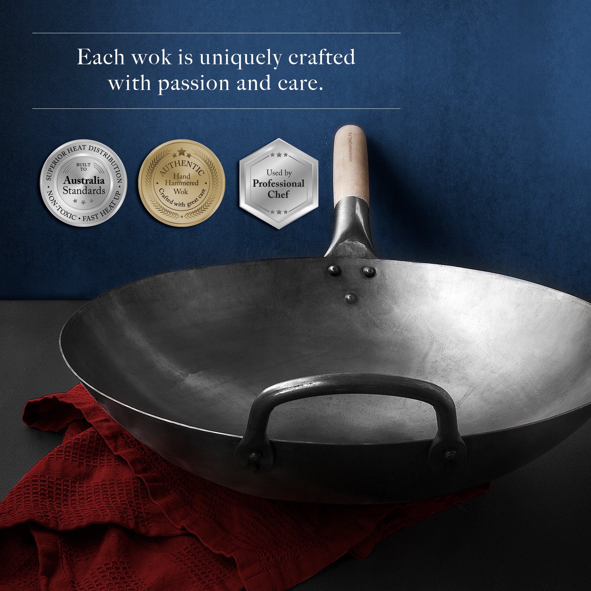 Authentic Carbon Steel Hand Hammered Pow Wok, 14" Traditional Round Bo ...