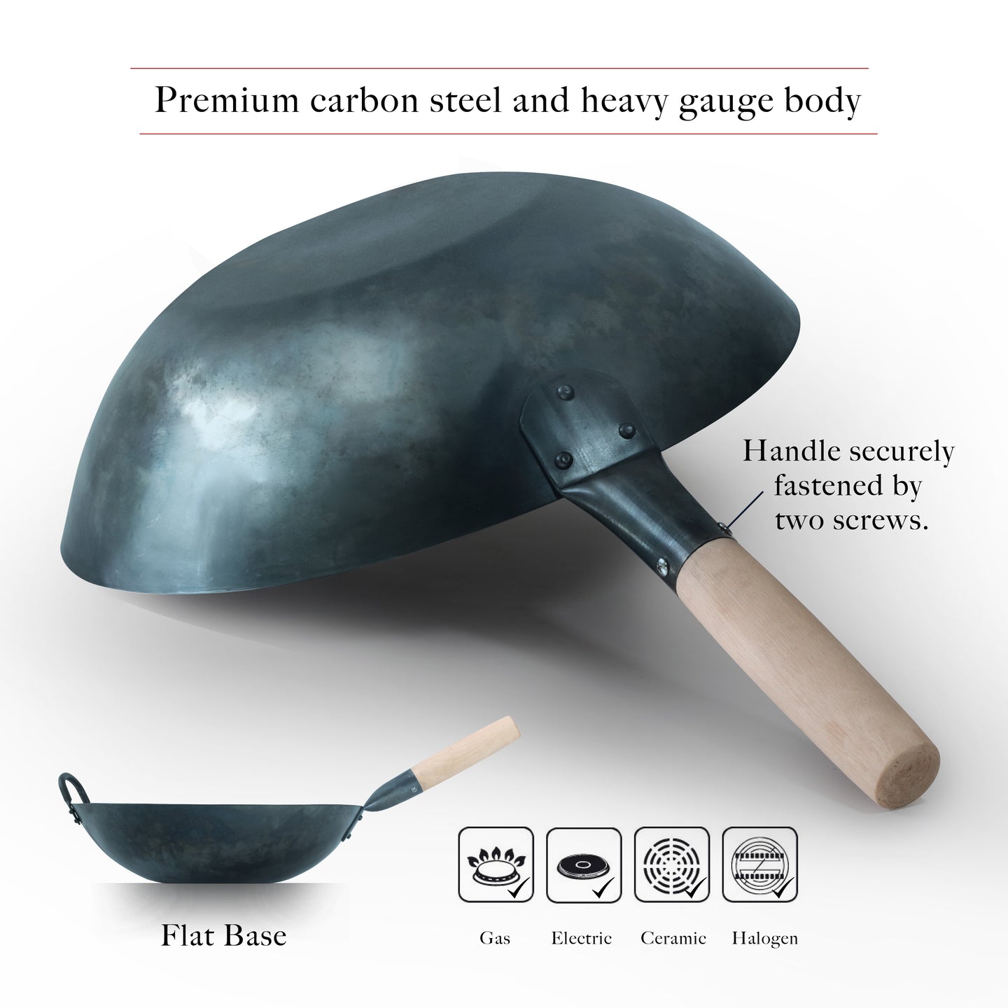 Pre-Seasoned Blue Carbon Steel Hand Hammered Flat Bottom Pow Wok - 16 ...