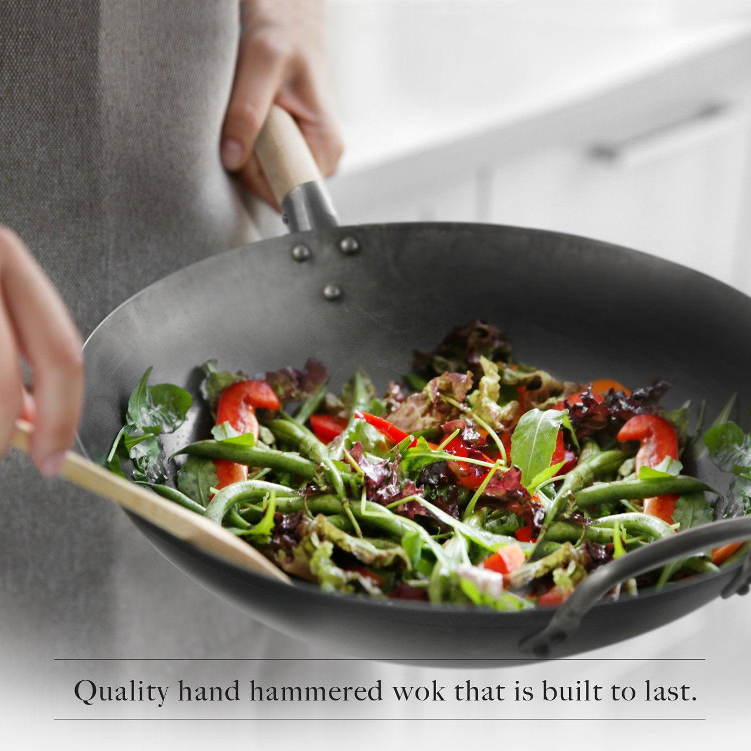 Authentic Hand Hammered Carbon Steel Flat Bottom Pow Wok, 14" with Hel ...