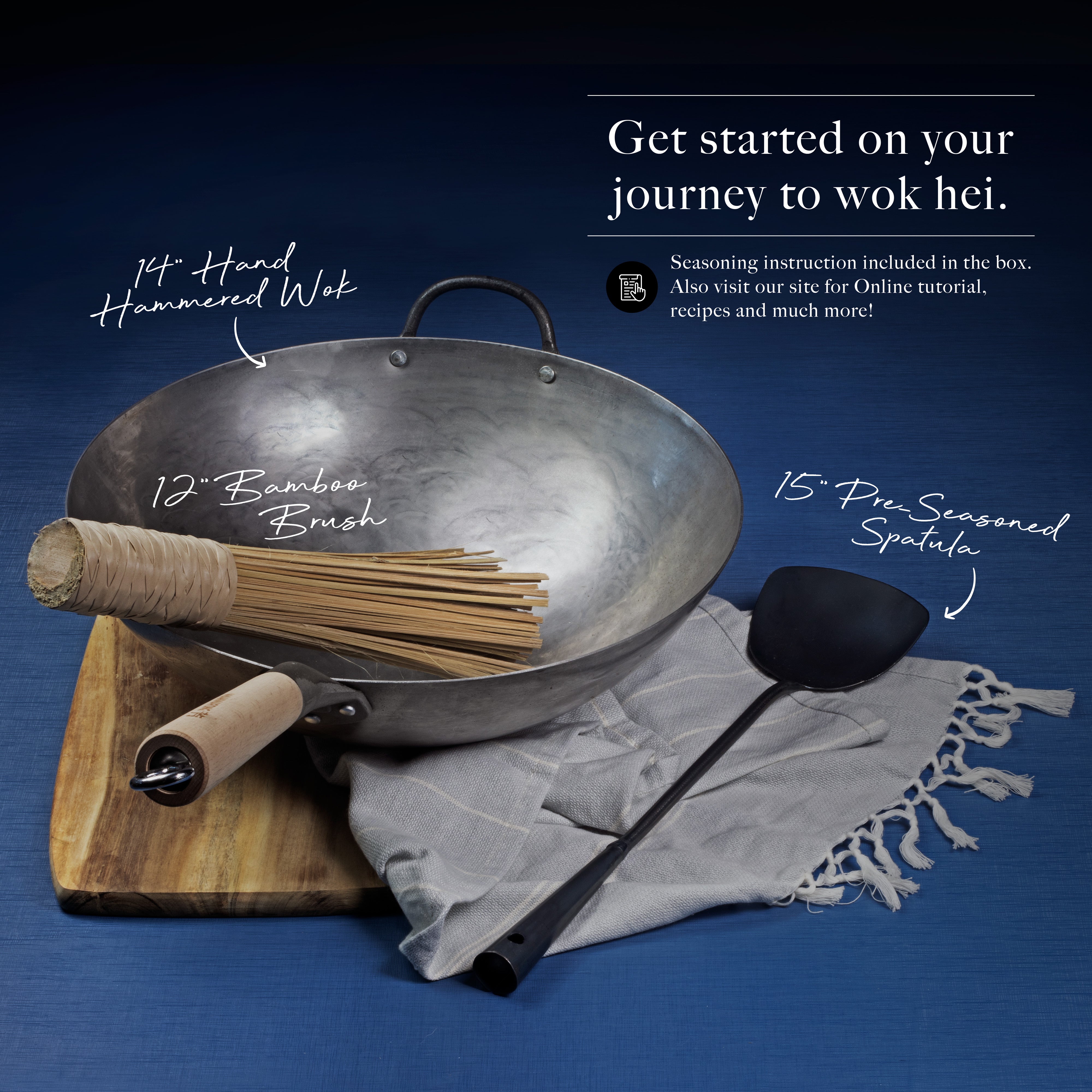 Authentic 14 inch Hand Hammered ROUND Bottom Carbon Steel Wok Set Star ...