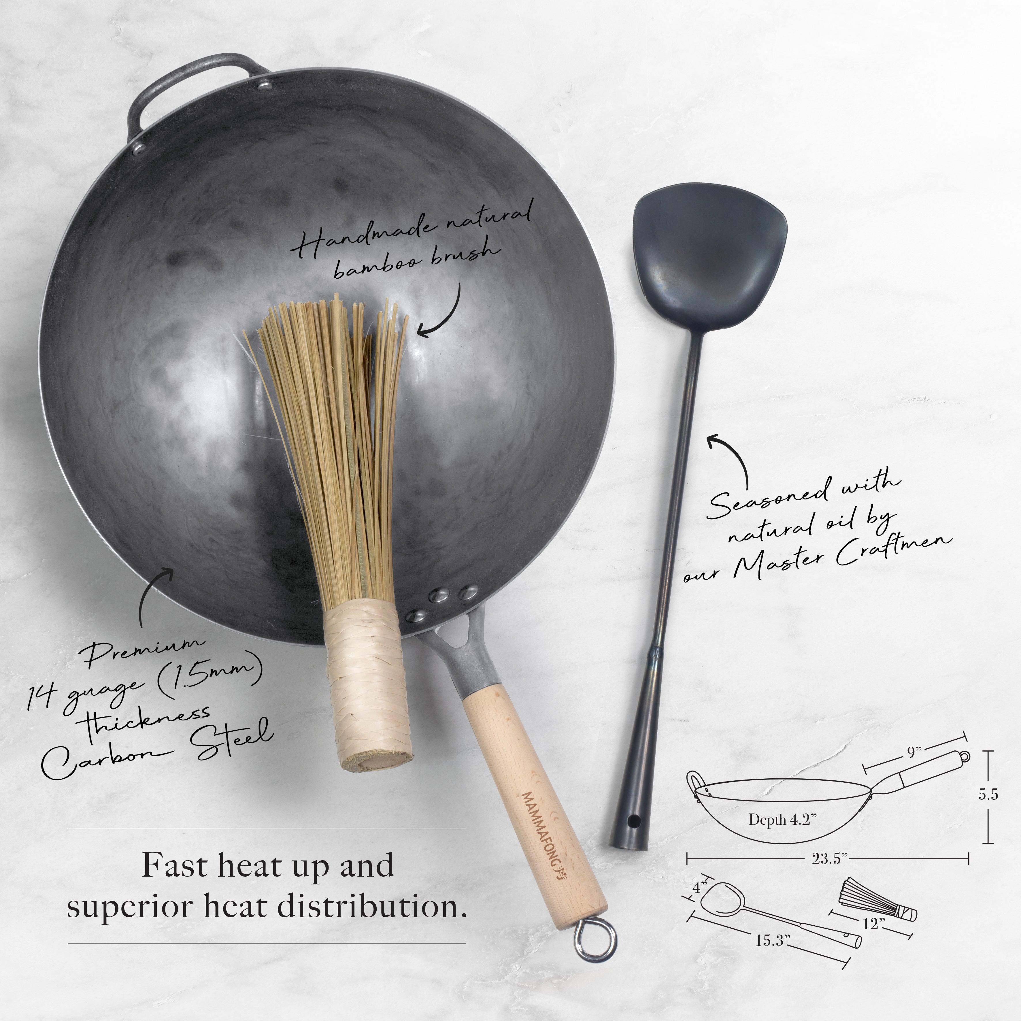 Authentic 14 inch Hand Hammered ROUND Bottom Carbon Steel Wok Set Star ...