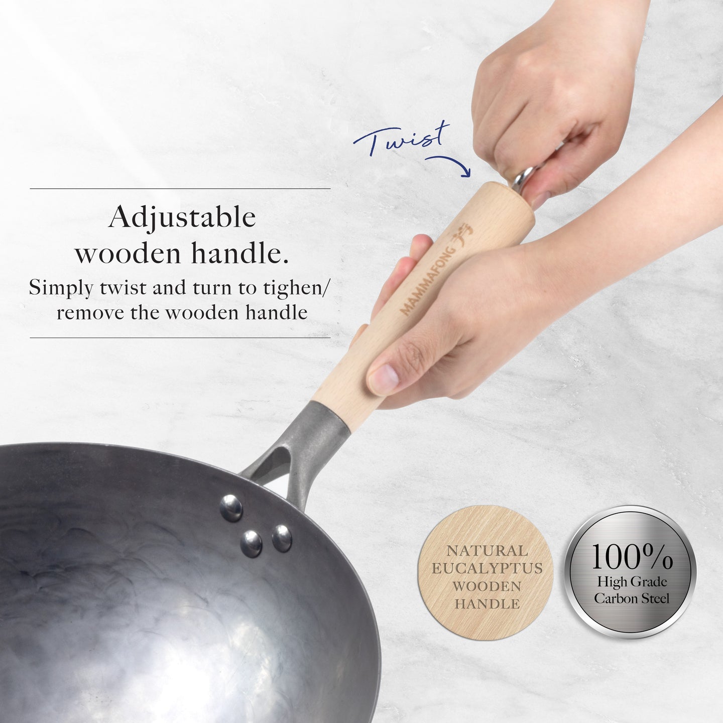 Authentic 14 inch Hand Hammered ROUND Bottom Carbon Steel Wok Set Star ...
