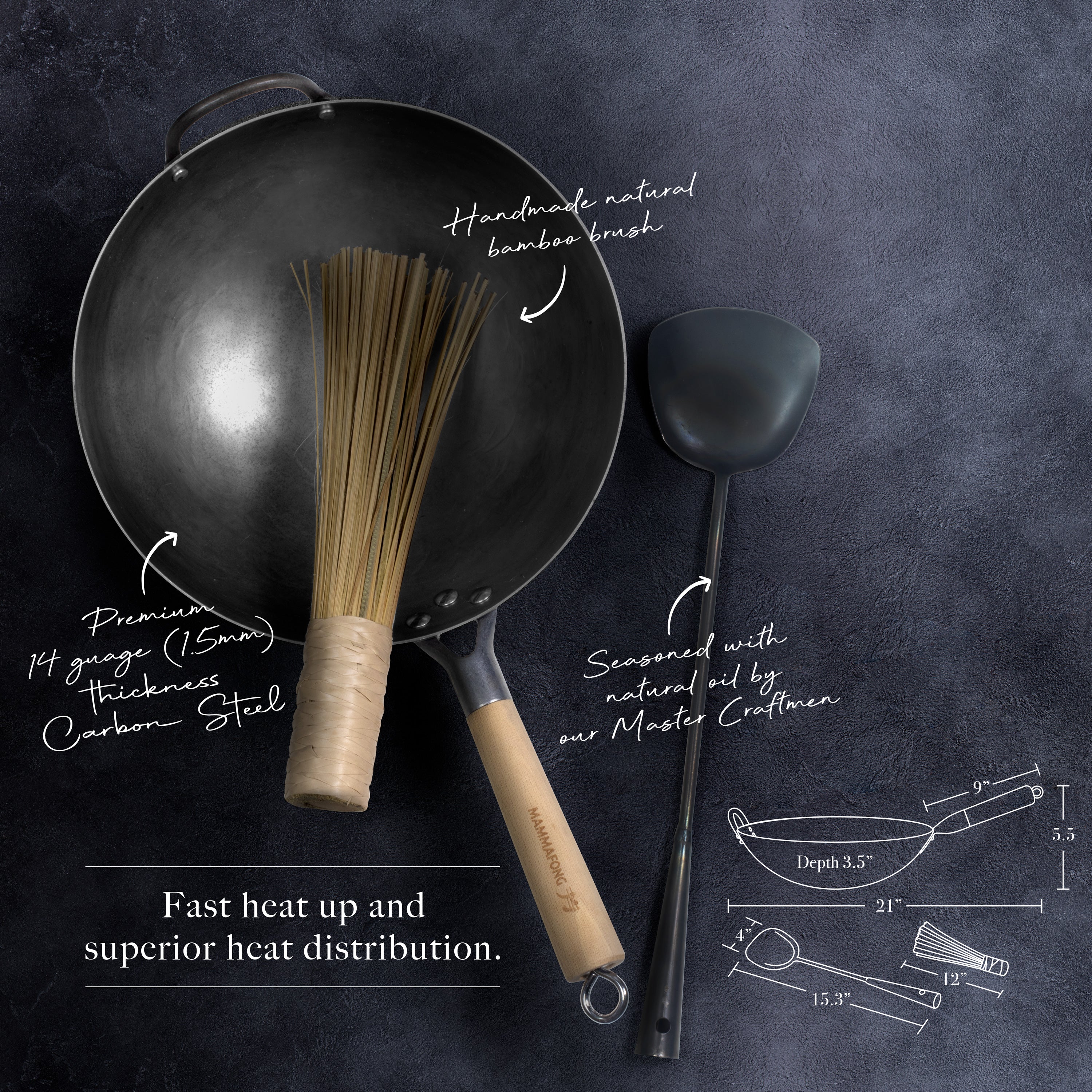 Authentic 12 inch Hand Hammered Round Bottom Carbon Steel Wok Set with ...