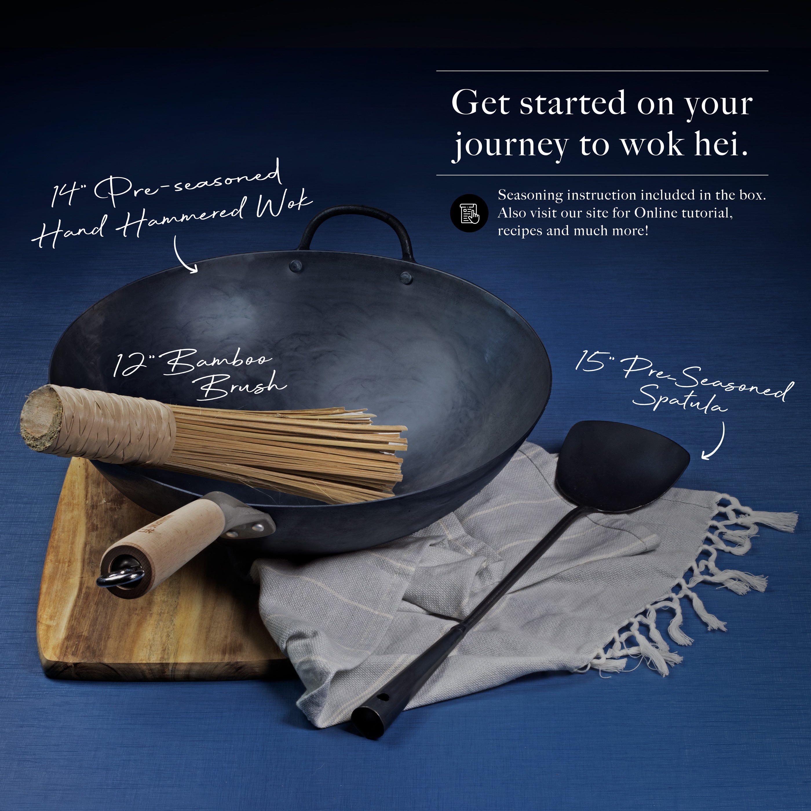 Pre-seasoned 14 inch Hand Hammered ROUND Bottom Carbon Steel Wok Set S ...