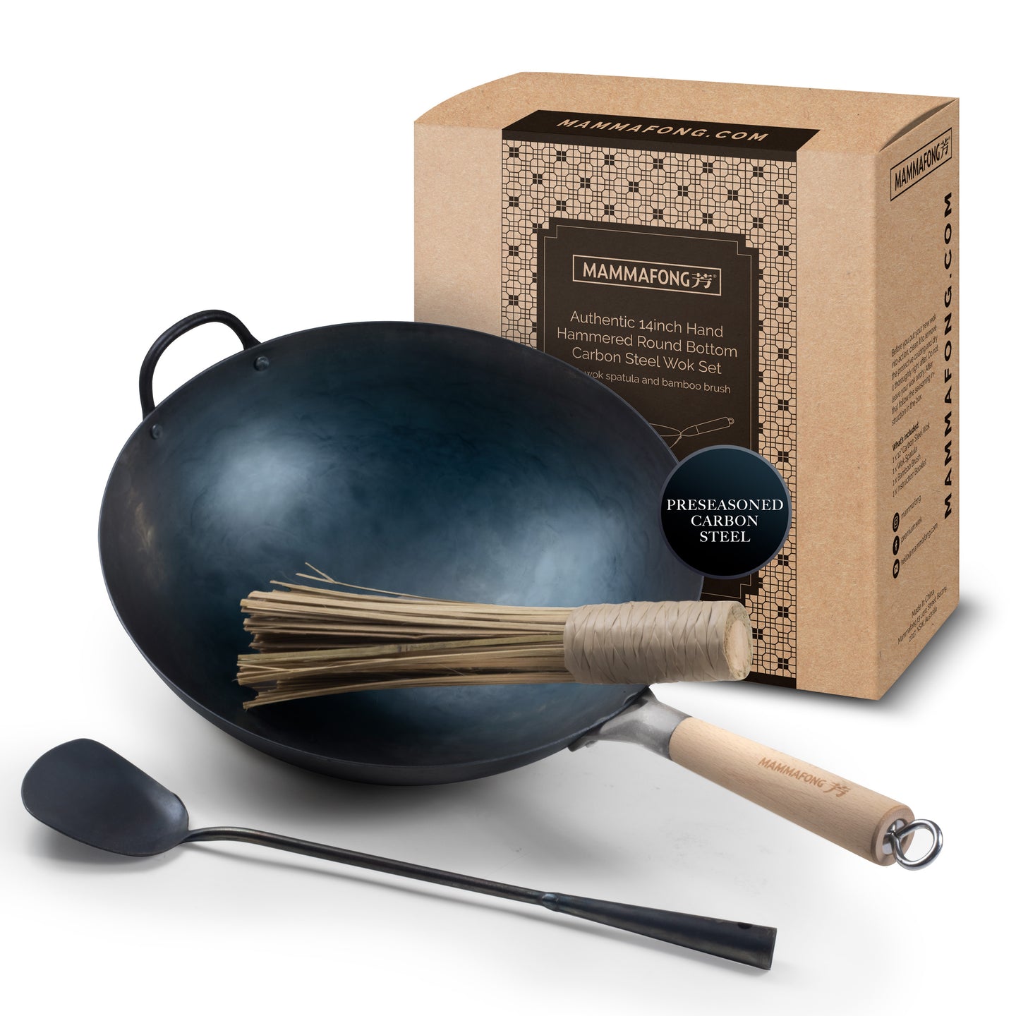 Pre-seasoned 14 inch Hand Hammered ROUND Bottom Carbon Steel Wok Set S ...