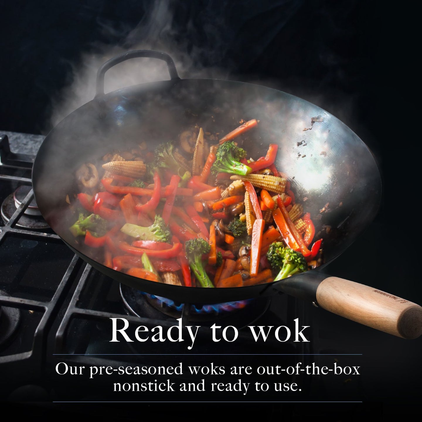 Pre-Seasoned Blue Carbon Steel Hand Hammered Flat Bottom Pow Wok - 14 ...